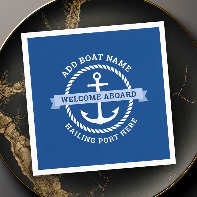 Anchor rope border boat name welcome aboard napkins | Zazzle