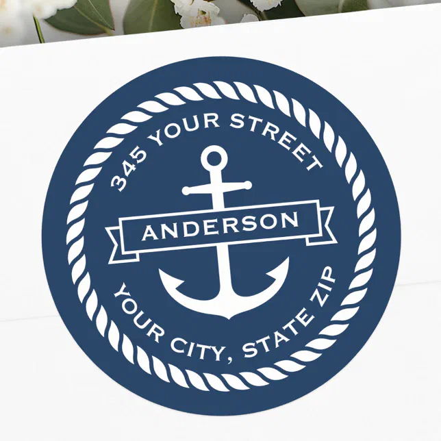 Anchor with banner and rope border return address classic round sticker ...