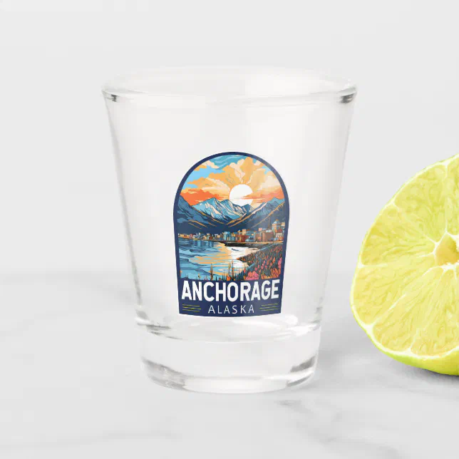 Anchorage Alaska Travel Art Emblem Shot Glass | Zazzle