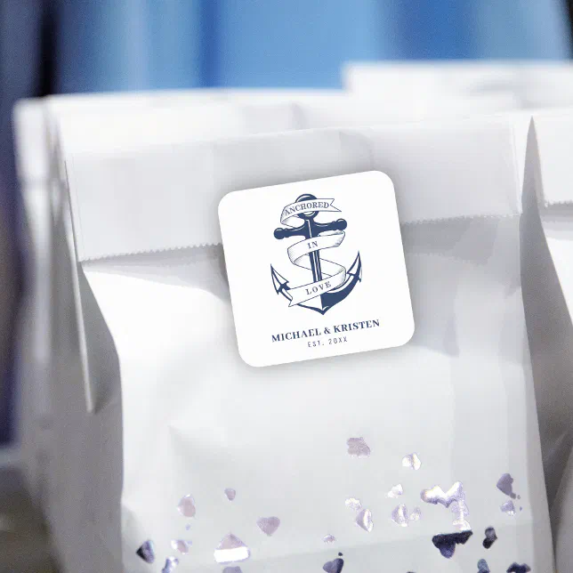 Anchored in Love White Nautical Anchor Wedding Square Sticker | Zazzle