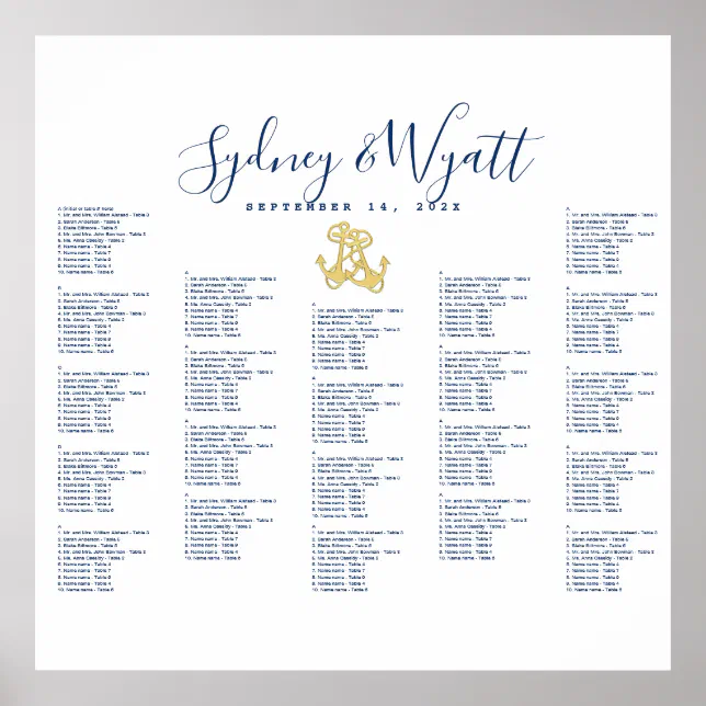 Anchors Nautical Navy White Seating Chart Poster | Zazzle