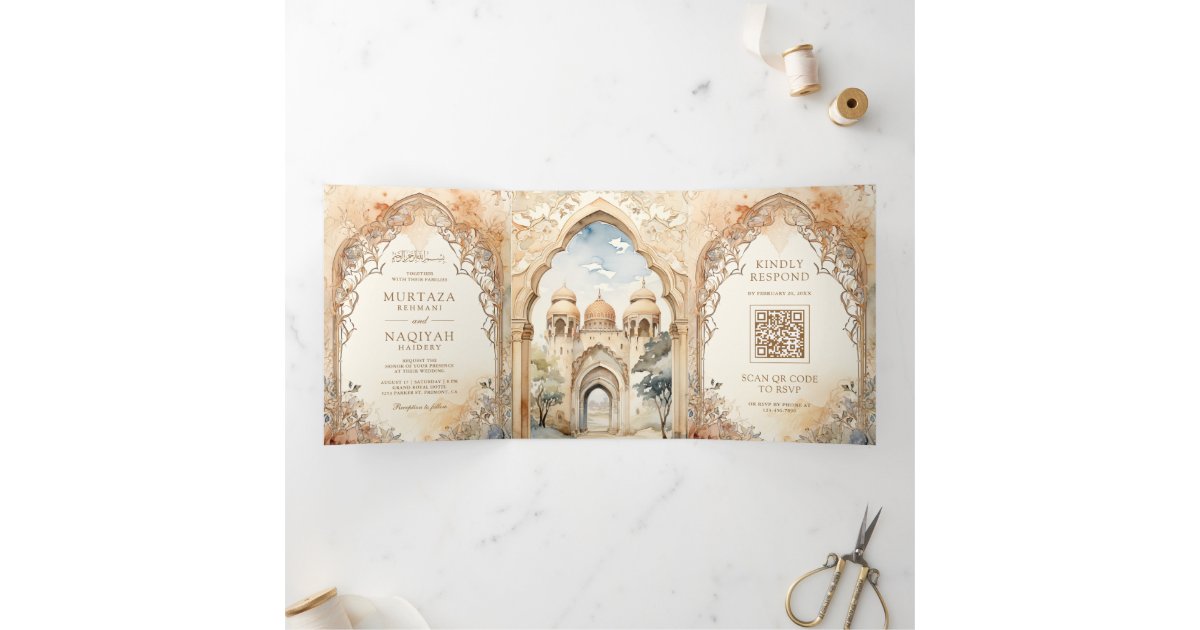 Ancient Arabian Palace Arch QR Code Muslim Wedding Tri-Fold Invitation ...