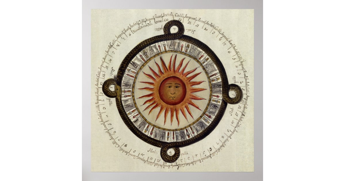 Ancient Aztec Sun Calendar Mexico Drawing Poster | Zazzle