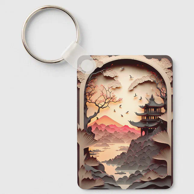 Ancient Chinese Scene Paper Cut Brown Keychain | Zazzle