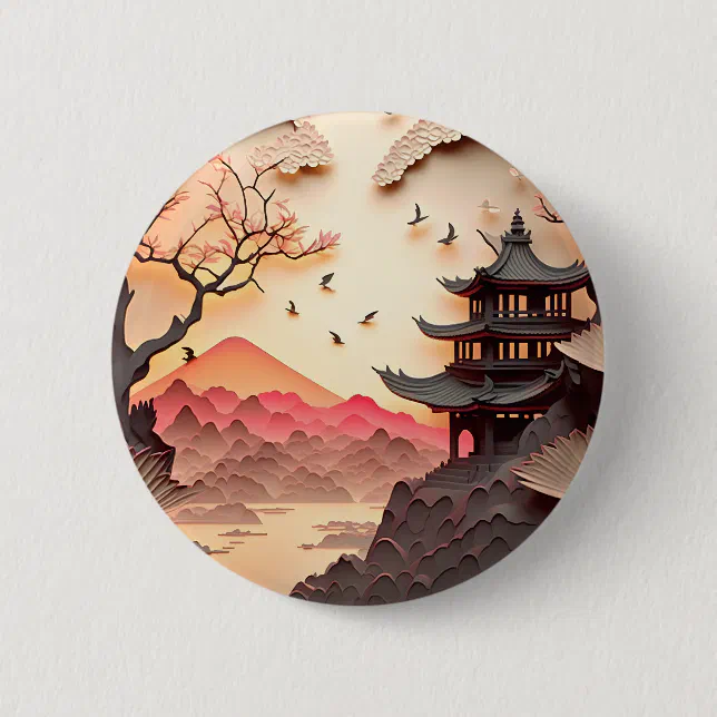 Ancient Chinese Scene Paper Cut Brown Round Button | Zazzle