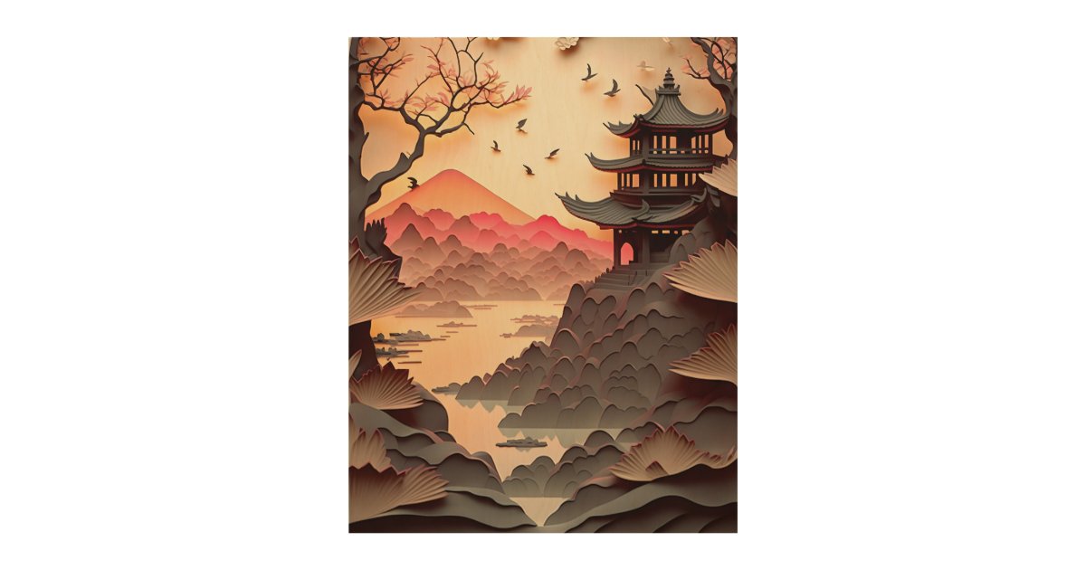 Ancient Chinese Scene PaperCut Brown Wood Wall Art | Zazzle