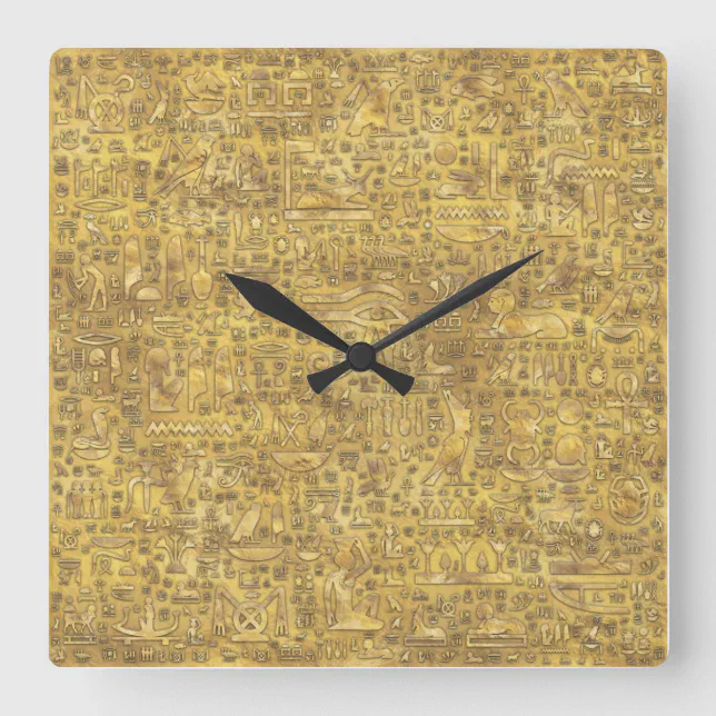 Ancient Egyptian hieroglyphics Gold Square Wall Clock | Zazzle