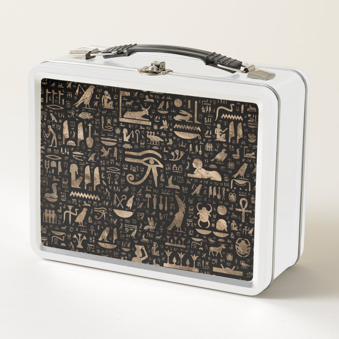 Ancient Egyptian hieroglyphs - Black and gold Metal Lunch Box | Zazzle