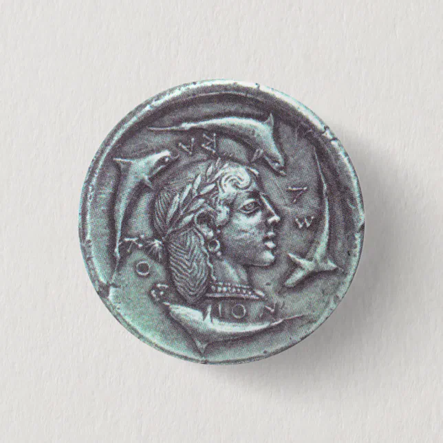 ancient Greek coin dolphins portrait button | Zazzle