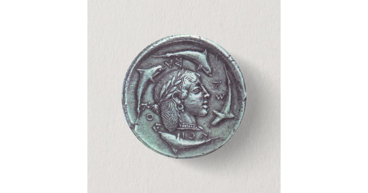 ancient Greek coin dolphins portrait button | Zazzle