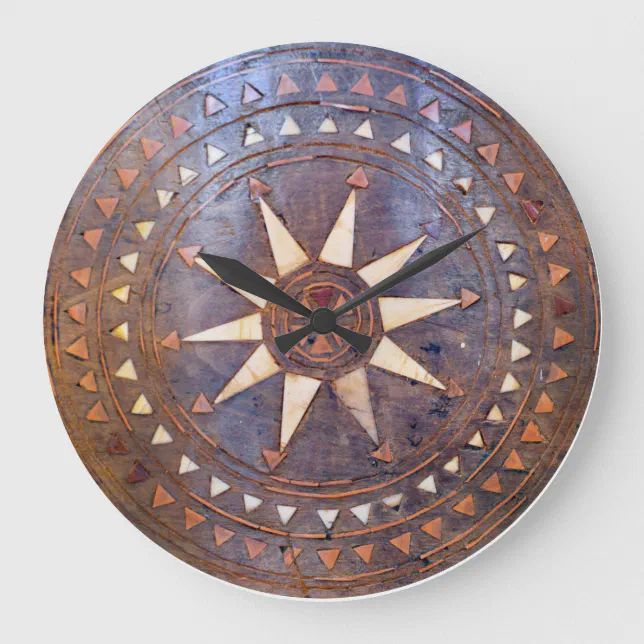 ancient greek symbol wood ethnic sun motif carved large clock | Zazzle