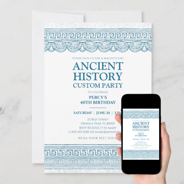 Ancient history custom Birthday party blue Toga Invitation | Zazzle