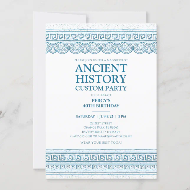 Ancient history custom Birthday party blue Toga Invitation | Zazzle