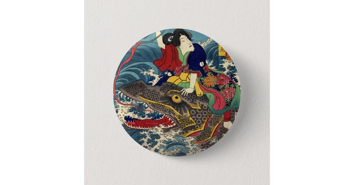 Ancient Japanese Painting, Japanese Woman Riding.. Pinback Button | Zazzle