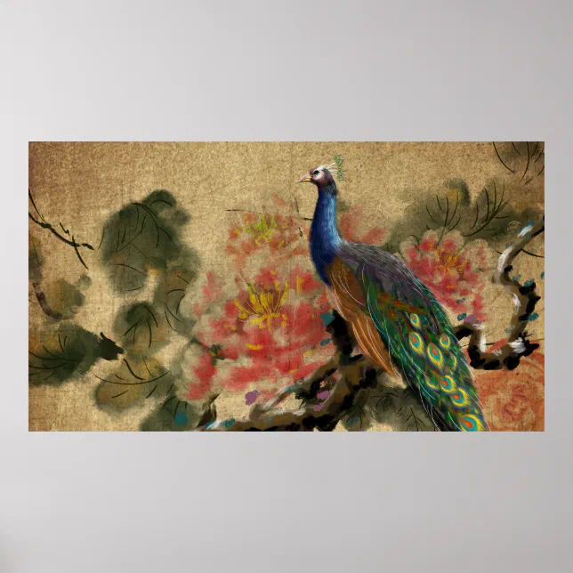 Ancient Peony Rice Paper Vintage Old Peacock Poster | Zazzle