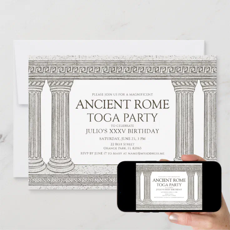 Ancient Rome Toga Birthday Party with columns Invitation | Zazzle