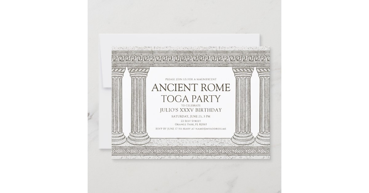 Ancient Rome Toga Birthday Party with columns Invitation | Zazzle