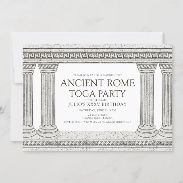 Ancient Rome Toga Birthday Party with columns Invitation | Zazzle