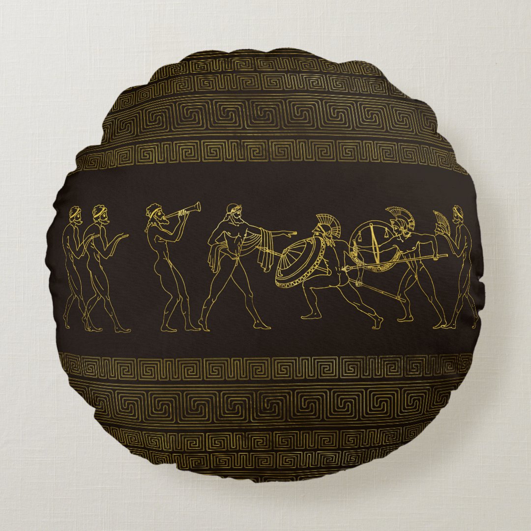 Ancient Sparta Greece scene on greek pattern Round Pillow | Zazzle