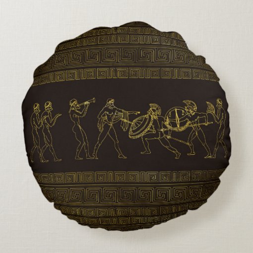 Ancient Sparta Greece scene on greek pattern Round Pillow | Zazzle