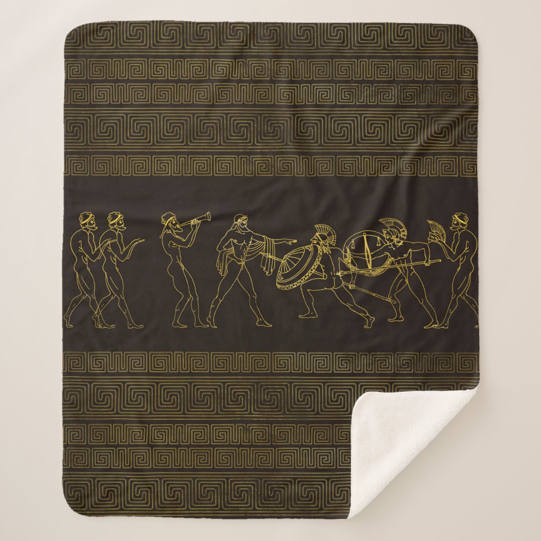 Ancient Sparta Greece scene on greek pattern Sherpa Blanket | Zazzle