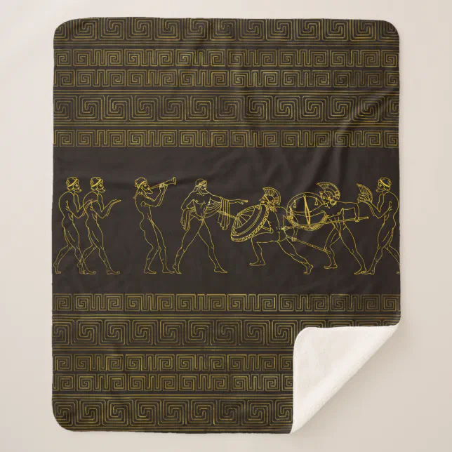 Ancient Sparta Greece scene on greek pattern Sherpa Blanket | Zazzle
