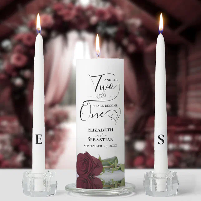 And the Two Shall Become One Elegant Burgundy Rose Unity Candle Set ...