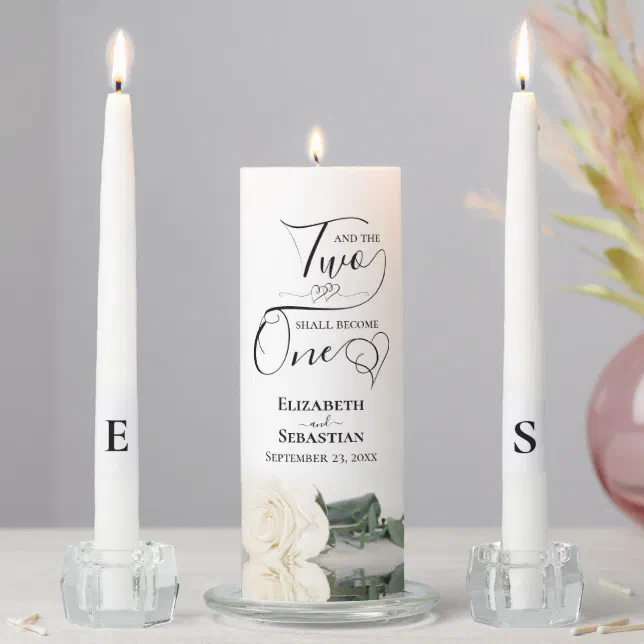 And the Two Shall Become One Elegant White Rose Unity Candle Set | Zazzle