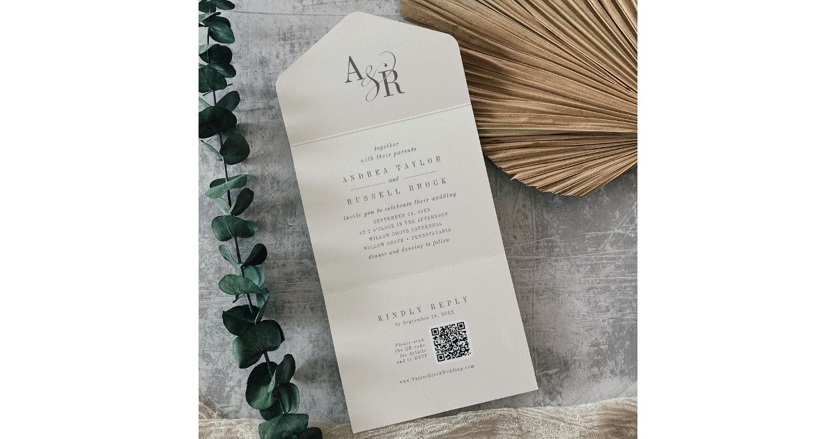ANDREA QR Code Beige Simple Minimal Wedding All In One Invitation | Zazzle