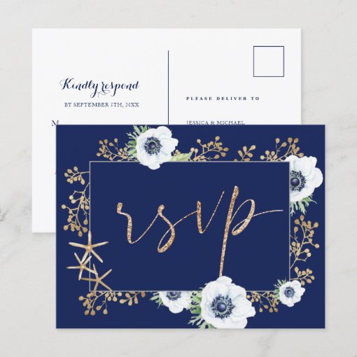 Anemone Flower Navy Blue Wedding Meal Choice RSVP Postcard | Zazzle