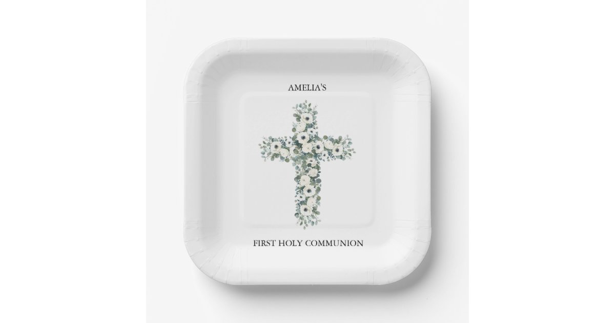 Anemones and Eucalyptus cross First Holy Communion Paper Plates | Zazzle