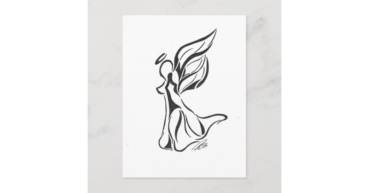 Angel Abstract Drawing Black Ink on White Back Postcard | Zazzle