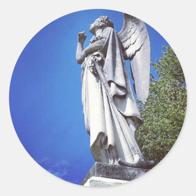 Angel and a bright blue sky classic round sticker | Zazzle