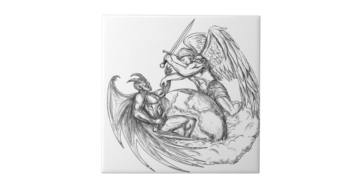 Angel Fighting Demon over Earth World Tattoo Tile | Zazzle