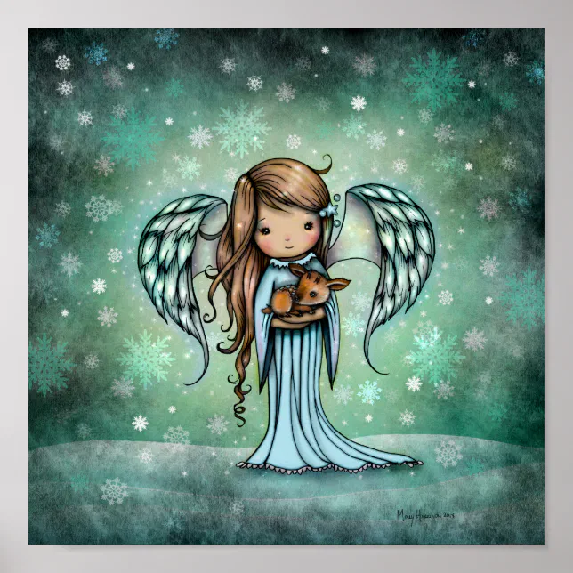 Angel holding Fawn Illustrated Art Poster | Zazzle