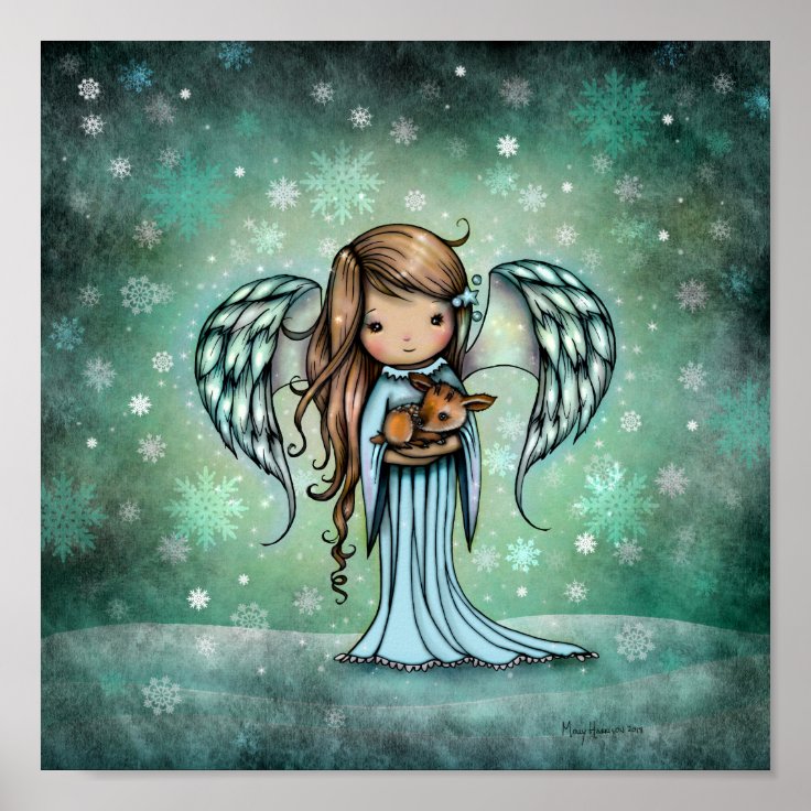 Angel holding Fawn Illustrated Art Poster | Zazzle