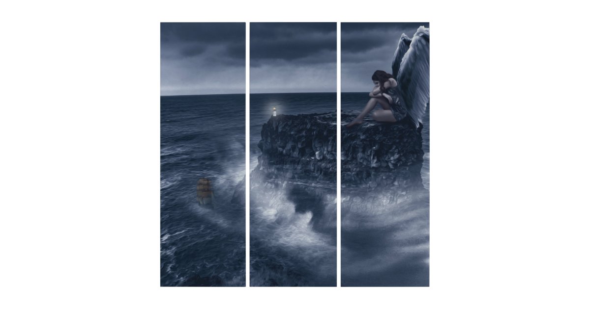Angel on Cliff Overlooks Lighthouse & Ship at Sea Triptych | Zazzle