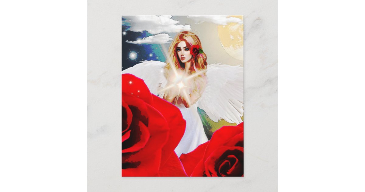 Angel Red Rose Wings Moon Beautiful Fantasy Art Postcard | Zazzle