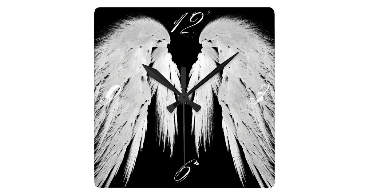 ANGEL WINGS Gray Touched Feathers Custom Numbers Square Wall Clock ...