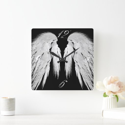 ANGEL WINGS Gray Touched Feathers Custom Numbers Square Wall Clock | Zazzle