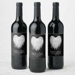 ANGEL WINGS Heart Starry Night Black Wine Label | Zazzle
