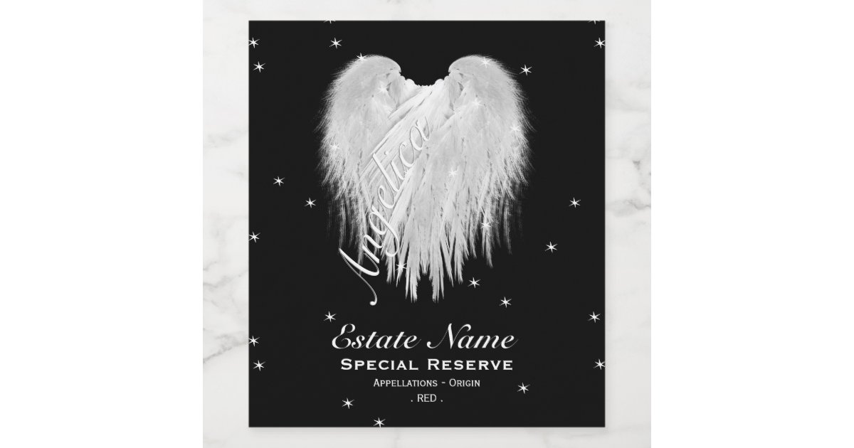 ANGEL WINGS Heart Starry Night Black Wine Label | Zazzle