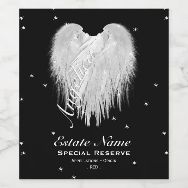 ANGEL WINGS Heart Starry Night Black Wine Label | Zazzle