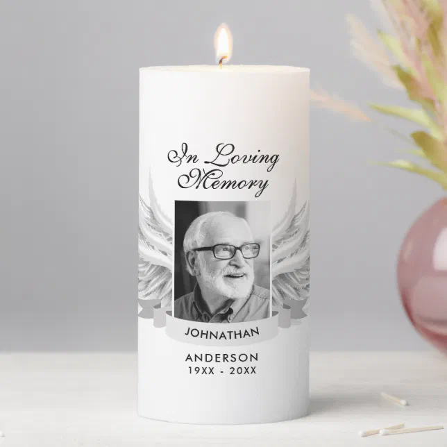 Angel Wings In Loving Memory Photo Tribute Pillar Candle | Zazzle