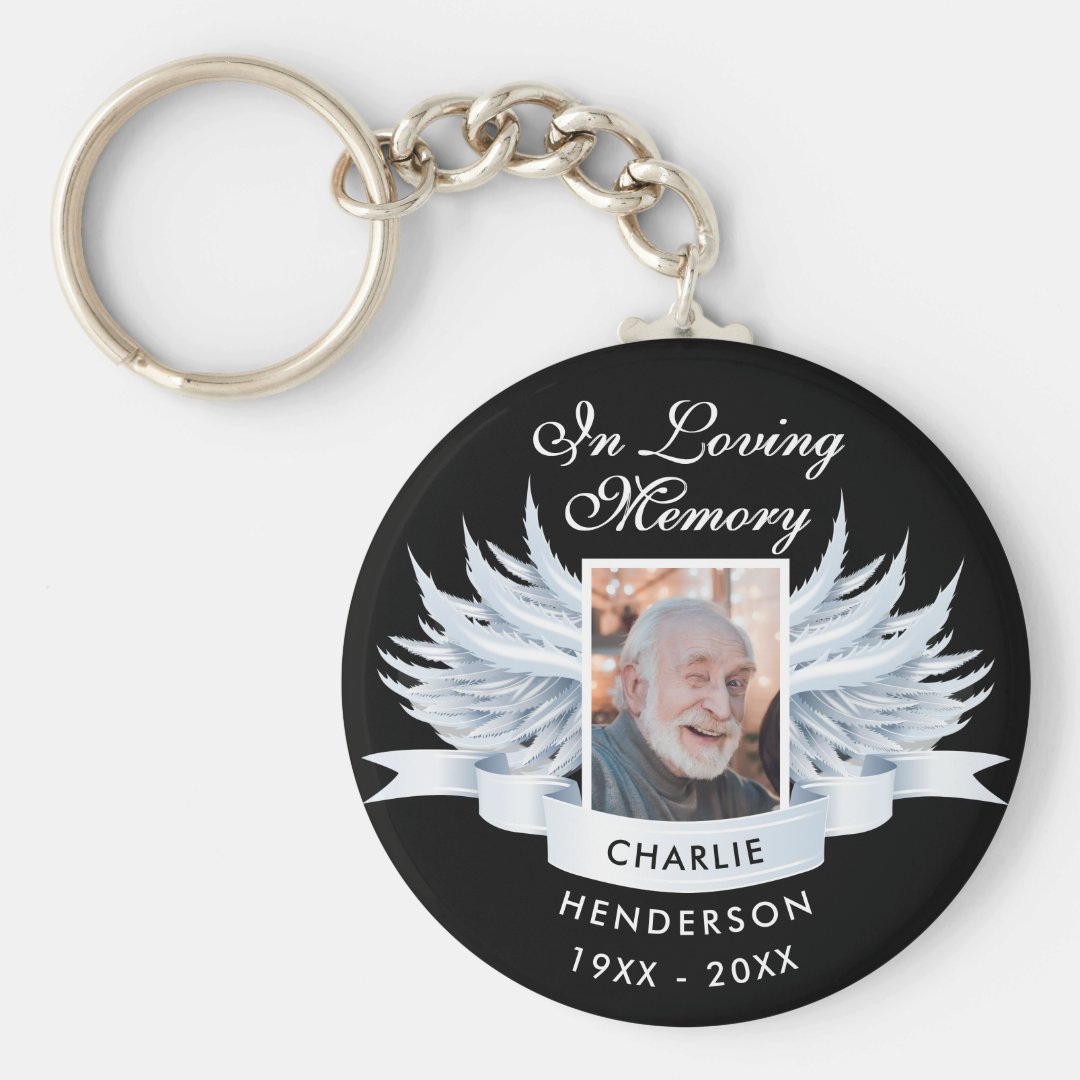 Angel Wings Photo Loving Memory Funeral/Memorial Keychain | Zazzle