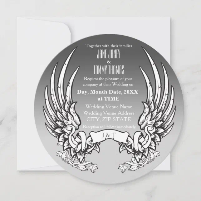 Angel Wings & Ribbon Banner Wedding Invitation | Zazzle