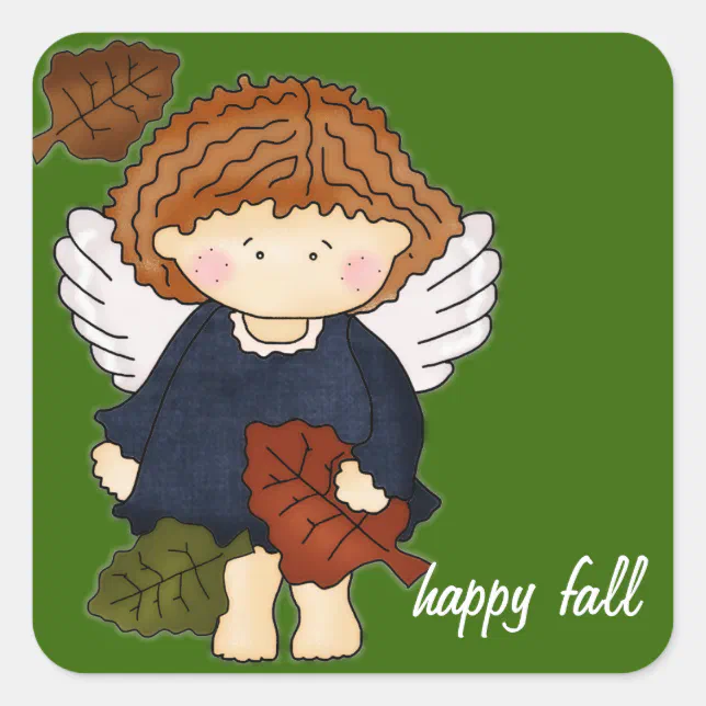Angel with Falling Leaves Happy Fall Square Sticker | Zazzle