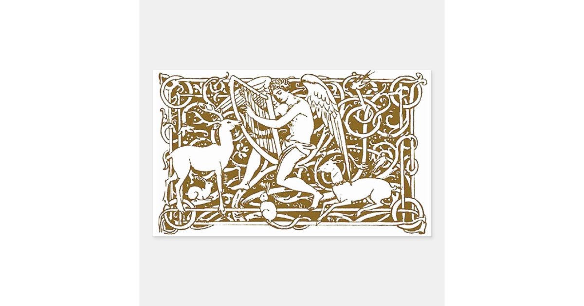 Angel with Harp Rectangular Sticker | Zazzle