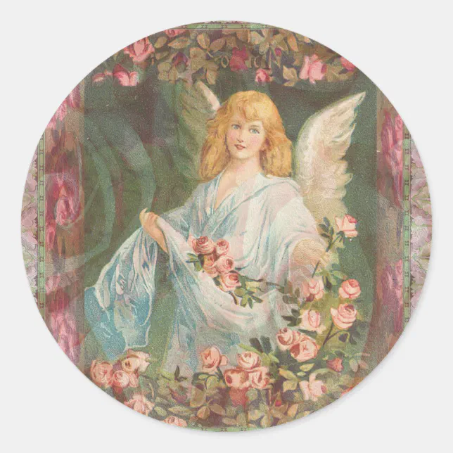 Angel with Roses Classic Round Sticker | Zazzle