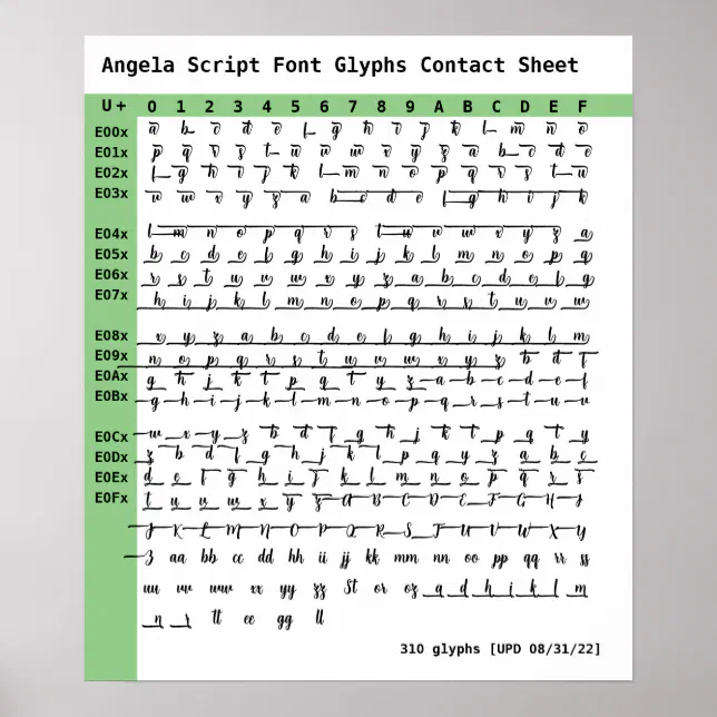 Angela Script Font Glyphs Contact Sheet Poster | Zazzle